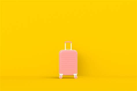 노란색 배경에 현대 핑크 가방 가방입니다 여행 개념 휴가 여행 공간을 복사합니다 최소한의 스타일 3d 렌더링 일러스트레이션 3차원 형태에 대한 스톡 사진 및 기타 이미지