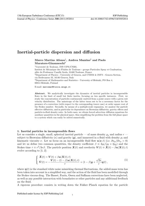 Pdf Inertial Particle Dispersion And Diffusion