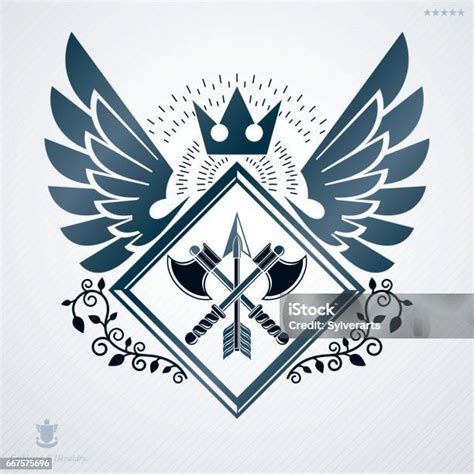 벡터 복고풍 휘장 디자인 날개로 장식 하 고 로얄 크라운과 축 교차 같은 빈티지 요소를 사용 하 여 만든 고풍스런에 대한 스톡