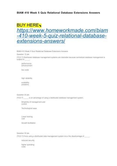 Biam 410 Week 5 Quiz Relational Database Extensions Answers