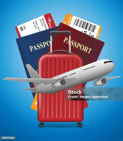 여권 티켓 비행기와 파란색 배경에 가방 비즈니스 여행 배너 국제 항공 여행 개념입니다 비즈니스 여행 벡터 일러스트 레이 션 3차원 형태에 대한 스톡 벡터 아트 및 기타