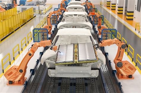 Robot Assembly Line With Electric Car Battery Cells Module On Platform Stock Image Everypixel