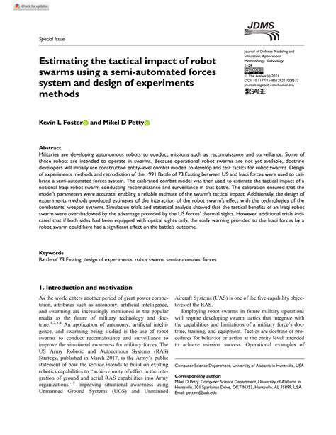 PDF Estimating The Tactical Impact Of Robot Swarms Using A Semi Automated Forces System And