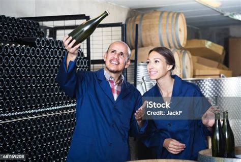 샴페인 와인 와인 저장 고에 병 서에 보고 하는 남자와 여자 동료 2명에 대한 스톡 사진 및 기타 이미지 2명 50 54세 고급 Istock