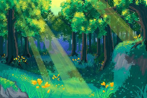 Colorful Pixel Art Of Forest With Sunlight