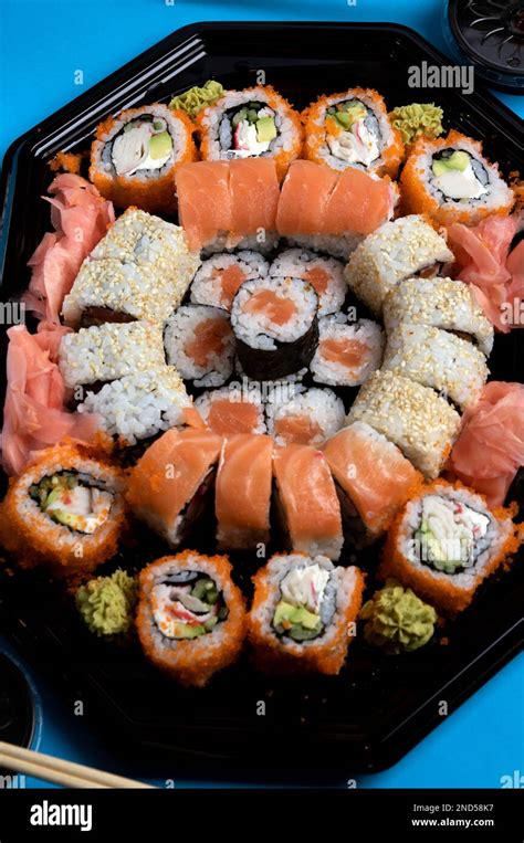 Photos Of Many Different Kinds Of Sushi Lying Around Stock Photo Alamy
