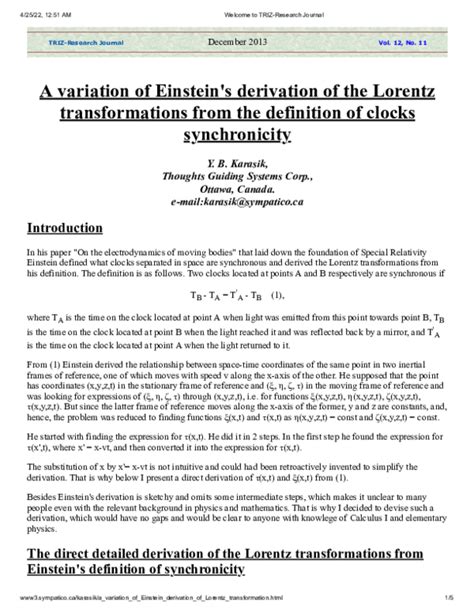 Pdf A Variation Of Einsteins Derivation Of The Lorentz Transformations From The Definition Of