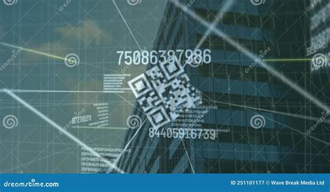 Animation Of Qr Code And Numbers Over Cityscape Stock Video Video Of