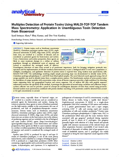 Pdf Multiplex Detection Of Protein Toxins Using Maldi Tof Tof Tandem Mass Spectrometry