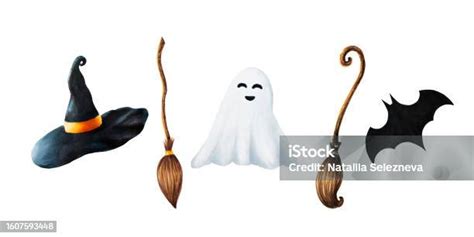 수채화 할로윈 마녀의 빗자루 귀여운 유령 박쥐 모자 그림 손으로 그리는 스케치는 흰색 배경에 분리되어 있다 디자이너 장식 상점 엽서 포장지 표지 포스터 및 직물용 개인