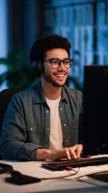 smiling freelancing developer in home office doing coding on computer