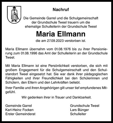Traueranzeigen Von Maria Ellmann Om Trauerde