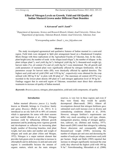 Pdf Effect Of Nitrogen Levels On Growth Yield And Oil Quality Of Indian Mustard Grown Under