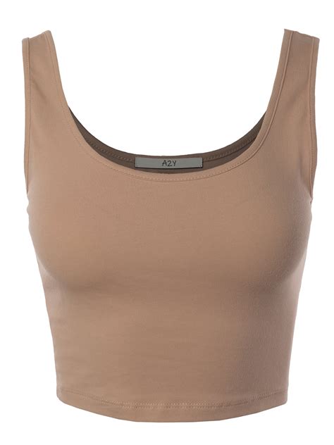 A2y Womens Fitted Cotton Scoop Neck Sleeveless Crop Tank Top Taupe M