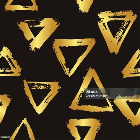 벡터 브러시 삼각형 골드 원활한 패턴 어두운 배경에 그라디언트 색상 손으로 그린 그레인 텍스처 잉크 기하학적 요소입니다 패션 현대적인 스타일입니다 끝 없는 직물 인쇄