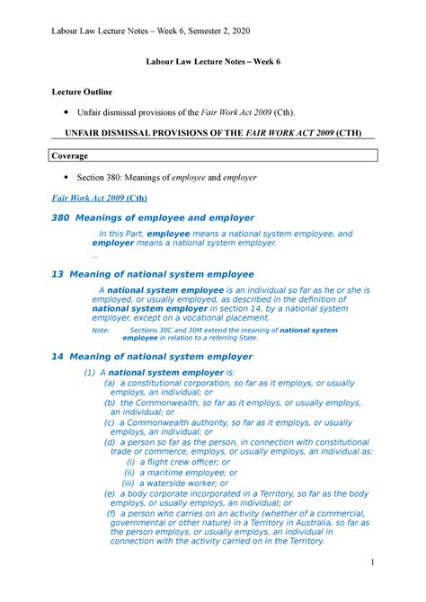Week 6 Labour Law Notes Labour Law Lecture Notes Week 6 Lecture Outline Unfair Dismissal