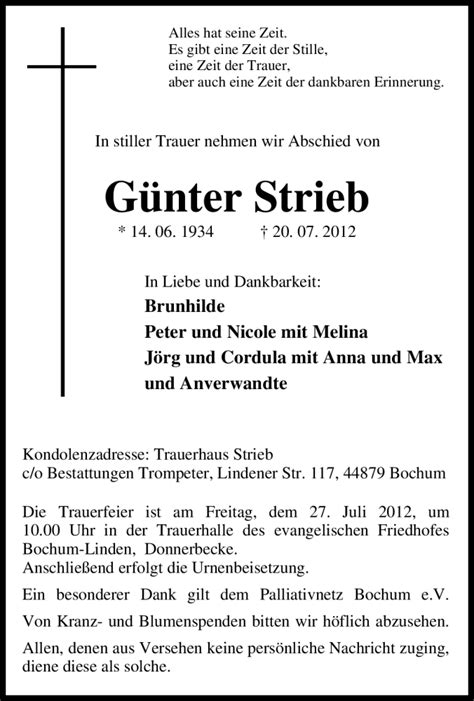 Traueranzeigen Von Günter Strieb Trauer In Nrw De