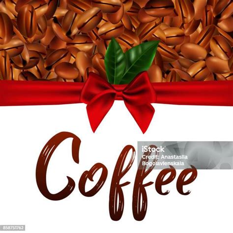 현실적인 커피 콩 빨간색 새틴 리본 흰색 바탕에 녹색 잎와 3d 그림을 벡터 0명에 대한 스톡 벡터 아트 및 기타 이미지 0명 갈색 공단 Istock