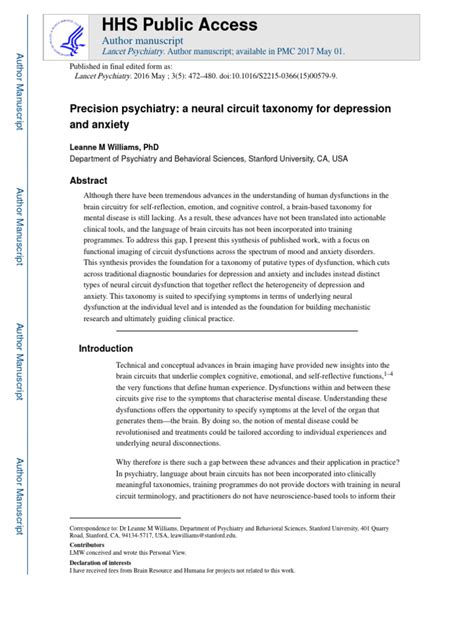 Neural Circuit Taxonomy For Depression And Anxiety Pdf