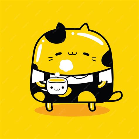 플랫 만화 스타일의 귀여운 고양이 마스코트 캐릭터 바리스타 직업 프리미엄 벡터