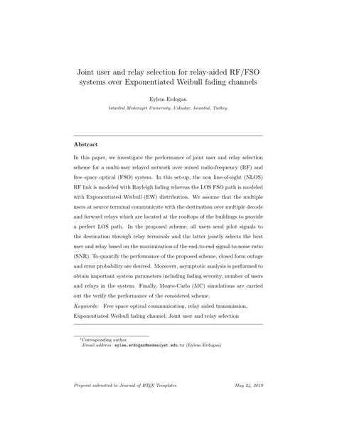 Pdf Joint User And Relay Selection For Relay Aided Rffso Systems Over Exponentiated Weibull