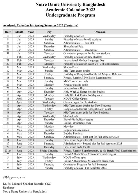 academic calendar for spring semester 2023 tentative notre dame