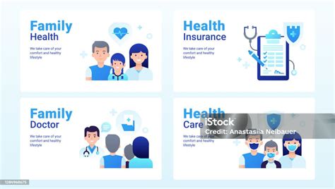 의료 의료 보험 및 가족 의사의 집합 웹 배너 인포그래픽 또는 인쇄를 위한 플랫 벡터 일러스트레이션의 가족 건강 개념입니다 흰색으로 분리된 현대 의학 아이콘과 요소 설계도에