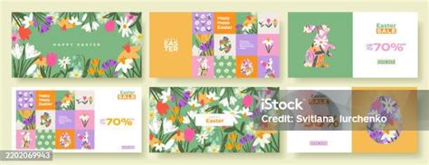 행복한 부활절 가로 배너 카드 손으로 그린 봄 꽃 달걀 부활절 토끼 포스터 세트 인사말 웹 광고 판매를 위한 창의적인 개념 꽃 식물에 대한 스톡 벡터 아트 및 기타 이미지