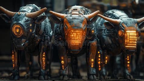 Three Robotic Bulls In A Grungy Industrial Setting Stock Illustration Illustration Of Digital