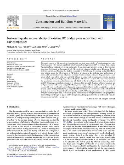 Pdf Post Earthquake Recoverability Of Existing Rc Bridge Piers Retrofitted With Frp Composites