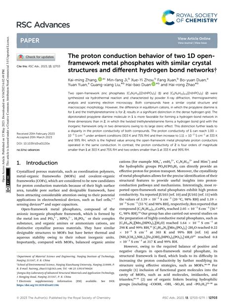 Pdf The Proton Conduction Behavior Of Two 1d Open Framework Metal Phosphates With Similar