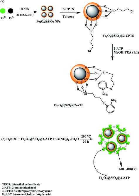 A Scheme For The Synthesis Of A Fe3o4 Sio2 2 Atp Nanoparticles And Download Scientific