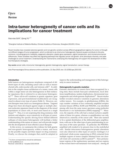 Pdf Intra Tumor Heterogeneity Of Cancer Cells And Its Implications
