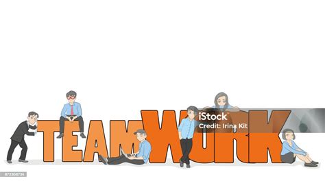 작은 사람 큰 단어로 팀웍 작업의 밑그림 노동자의 낙서 귀여운 미니어처 장면입니다 손으로 그린 비즈니스 설계 및 Infographic 위한 만화 벡터 일러스트 레이 션