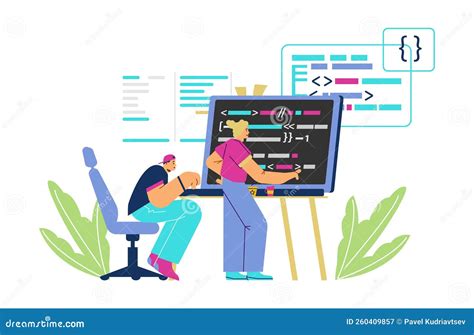 Man And Woman Writing Programming Code On Big Laptop Flat Vector