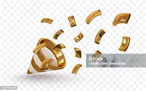 황금 색종이 폭발 파티 포퍼 그리고 투명한 배경에 깃발 축하 행사 및 이벤트에 적합합니다 벡터 일러스트 레이 션 공휴일에 대한 스톡 벡터 아트 및 기타 이미지 Istock