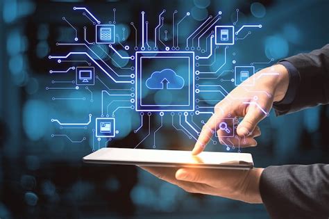 premium photo close up of hand pointing at tablet with abstract glowing circuit cloud