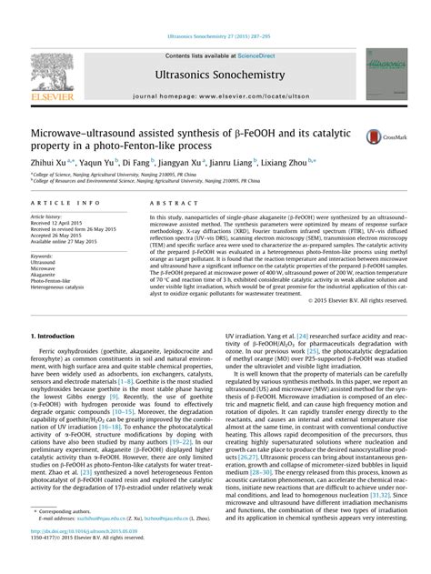 Pdf Ultrasound Microwave Assisted Synthesis Of β Feooh And Its Catalytic Property In A Photo