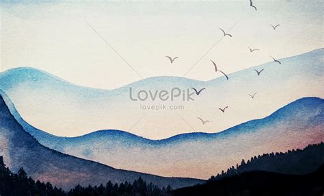 산과 강 수채화 삽화 일러스트 무료 다운로드 Lovepik