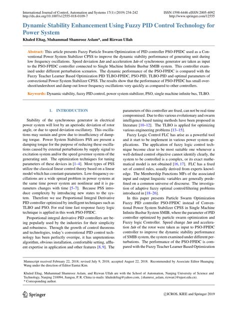PDF Dynamic Stability Enhancement Using Fuzzy PID Control Technology For Power System