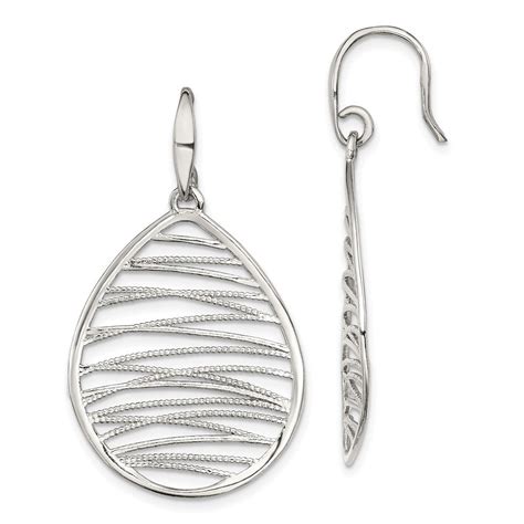 Sterling Silver Rhod Pltd Polishedtextured Teardrop Dangle Earrings