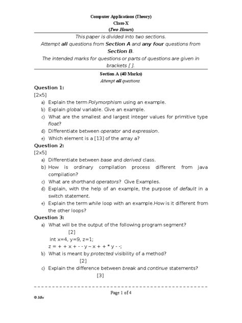 Class X Two Hours Section B Pdf Integer Computer Science