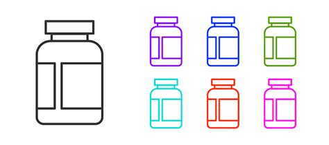 블랙 라인 스포츠 영양 보디 빌딩 단백질 파워 드 링크와 흰색 배경에 고립 된 음식 아이콘 다채로운 아이콘을 설정합니다 벡터 건강한 생활방식에 대한 스톡 벡터 아트 및 기타