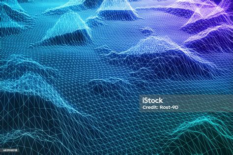 3d 그림 추상적인 디지털 와이어 프레임 풍경입니다 사이버 프리 그리드입니다 3d 기술입니다 클라우드 컴퓨팅 통신 네트워크 블루