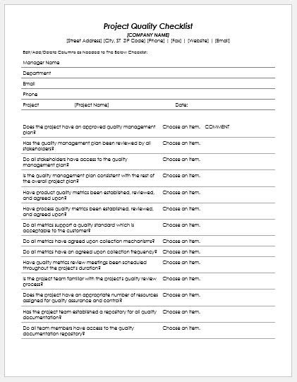 Project Quality Checklist Template For Word Download File