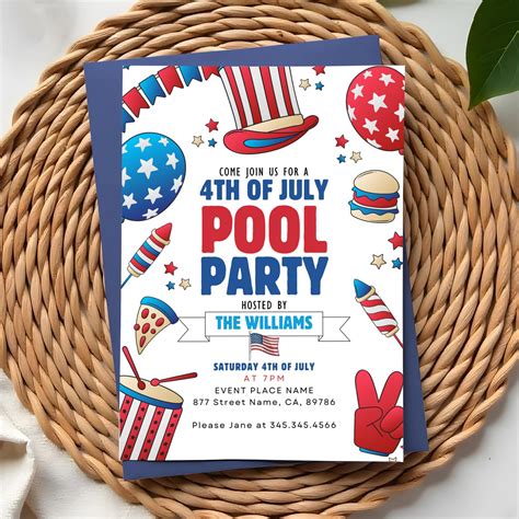 Cool 4th Of July Pool Party Invitation Template Editable Fourth Of July