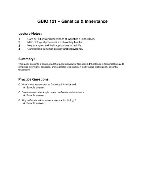 Gbio 121 Genetics Inheritance Lecture Notes Key Concepts