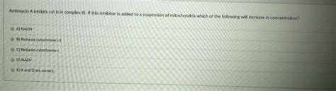 Solved Antimycin A Inhibits Cyt B In Complex Ill If This