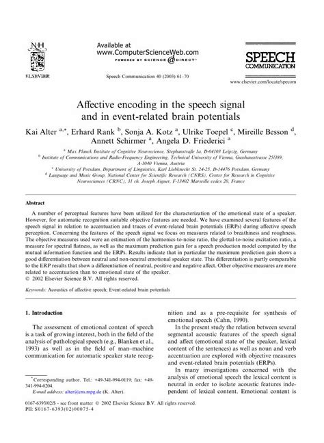 Pdf Affective Encoding In The Speech Signal And In Event Related