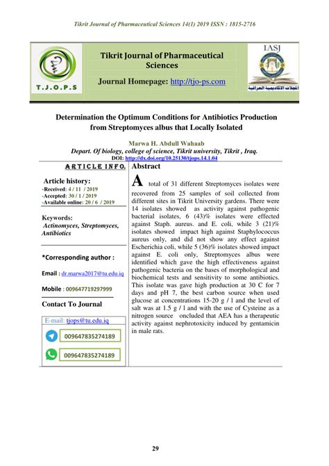 Pdf Determination The Optimum Conditions For Antibiotics Production From Streptomyces Albus